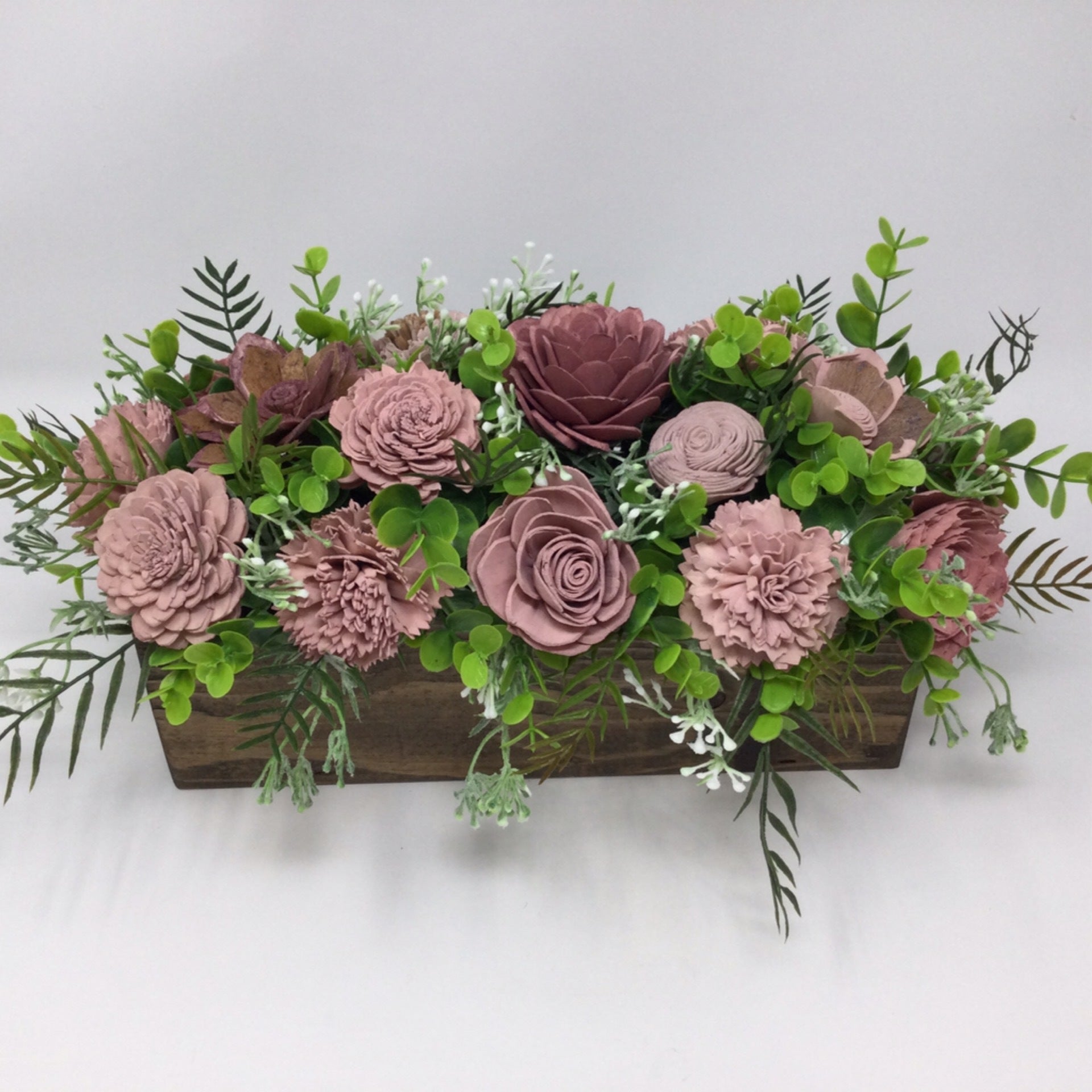 Mauve shaded Wood Flowers and Artificial Greenery in a Wood Planter Box ...